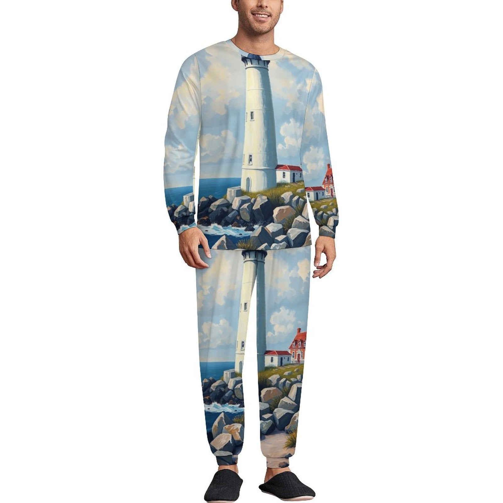Coastal Lighthouse Scene Pajamas Man Warm Sleepwear Autumn Long-Sleeve ...
