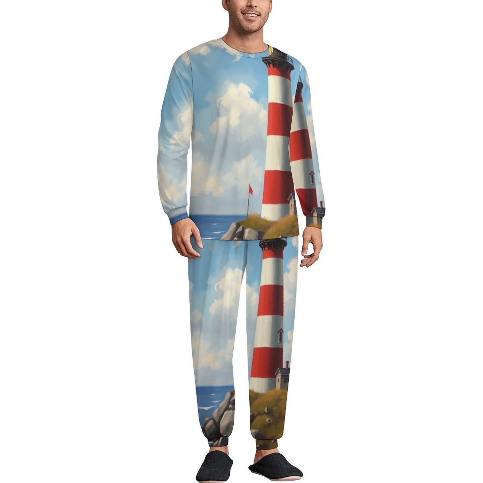Coastal Lighthouse Scene Pajamas Men Home Suit Winter Long Sleeve 2 ...