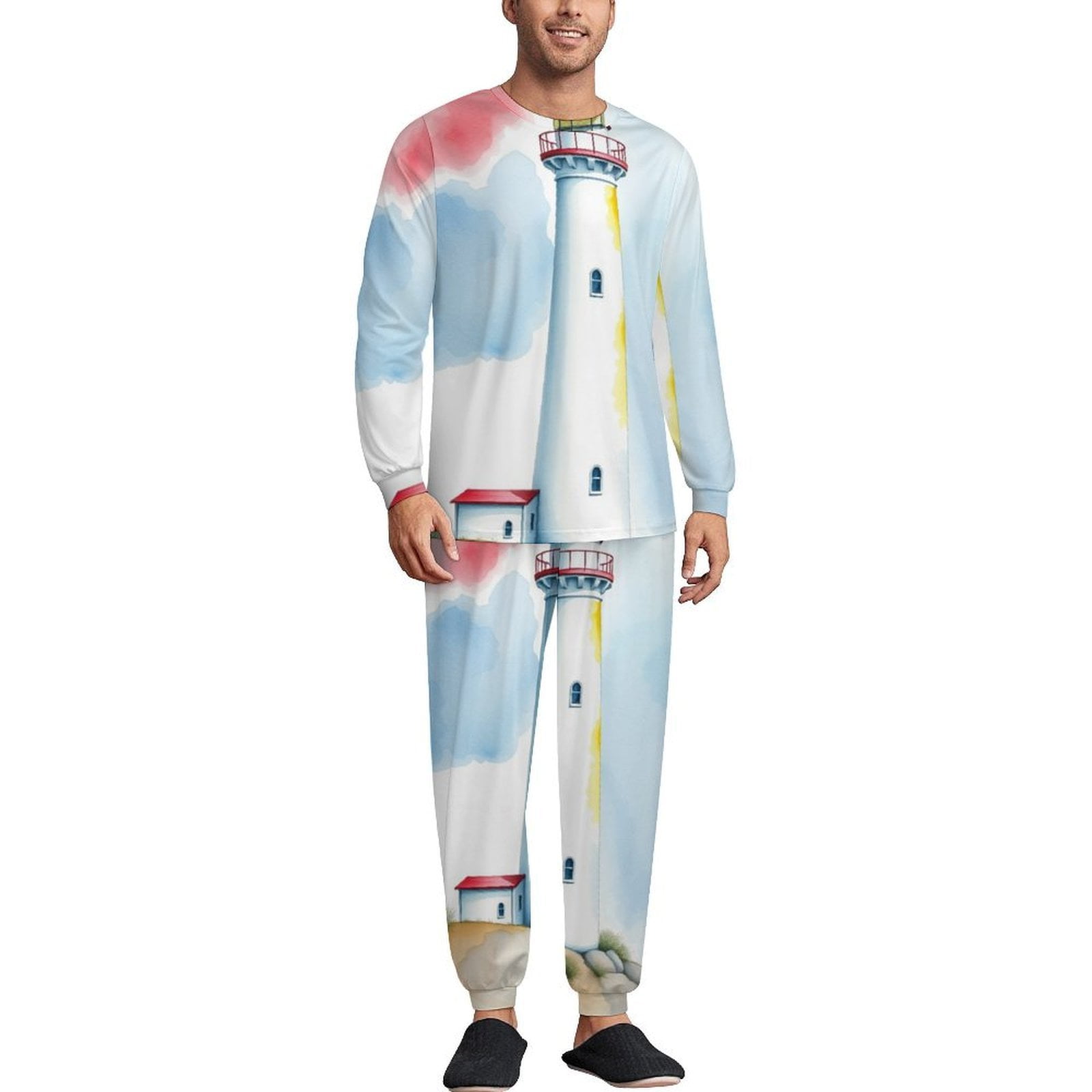 Coastal Lighthouse Scene Pajamas Men Home Suit Winter Long Sleeve 2 ...