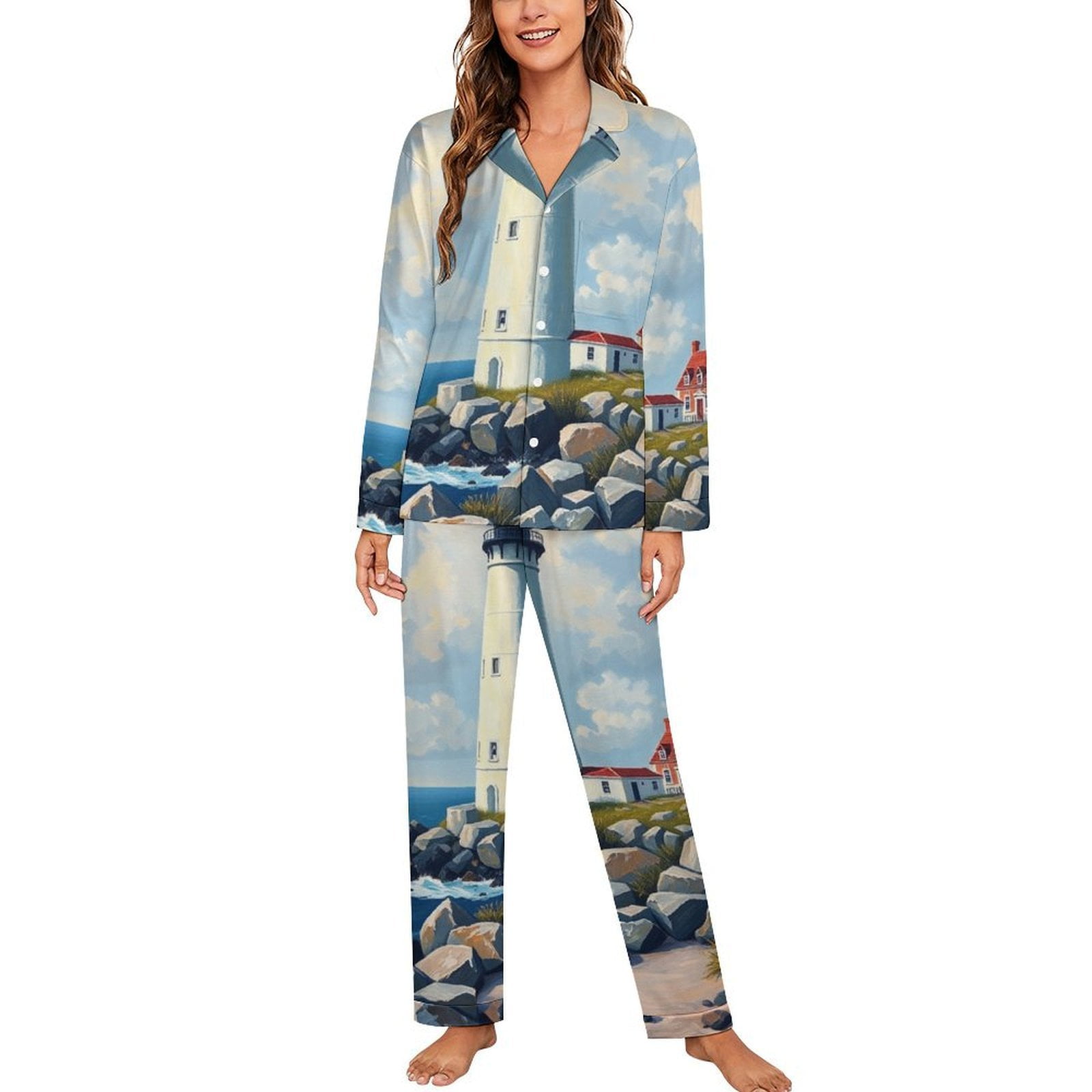 Coastal Lighthouse Scene Pajamas Woman Home Suit Autumn Long Sleeve 2 ...