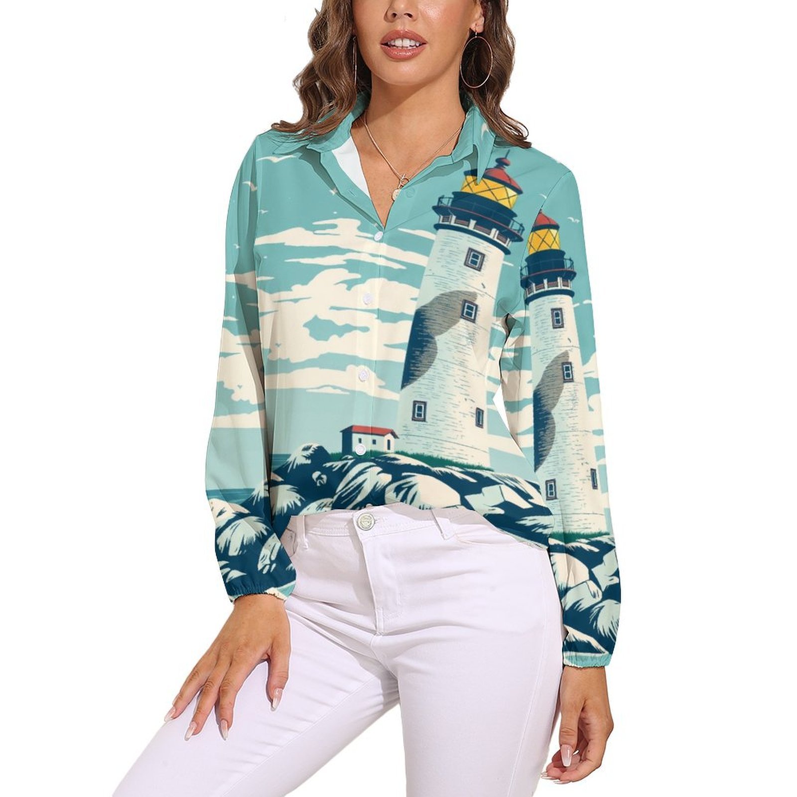 Coastal Lighthouse Scene Women Long Sleeve Shirts Clothing Autumn Tops ...