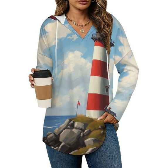 Coastal Lighthouse Scene Women's V-neck Casual Sports Hooded Sweatshirt ...