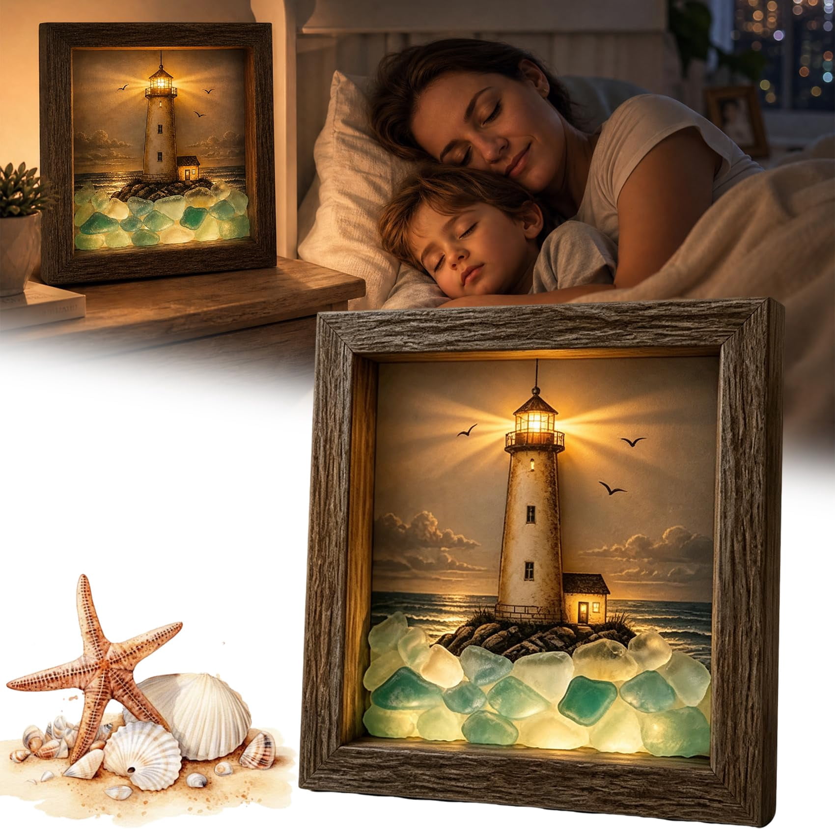 Coastal Lighthouse Sea Glass Shadow Box Night Light - Coastal ...