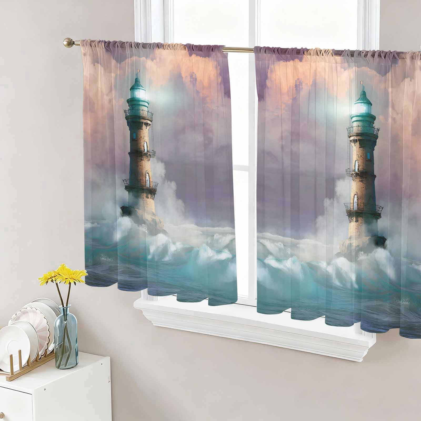 Coastal Lighthouse Sheer Curtains 54 Inch Length 2 Panels Set, Fancy ...