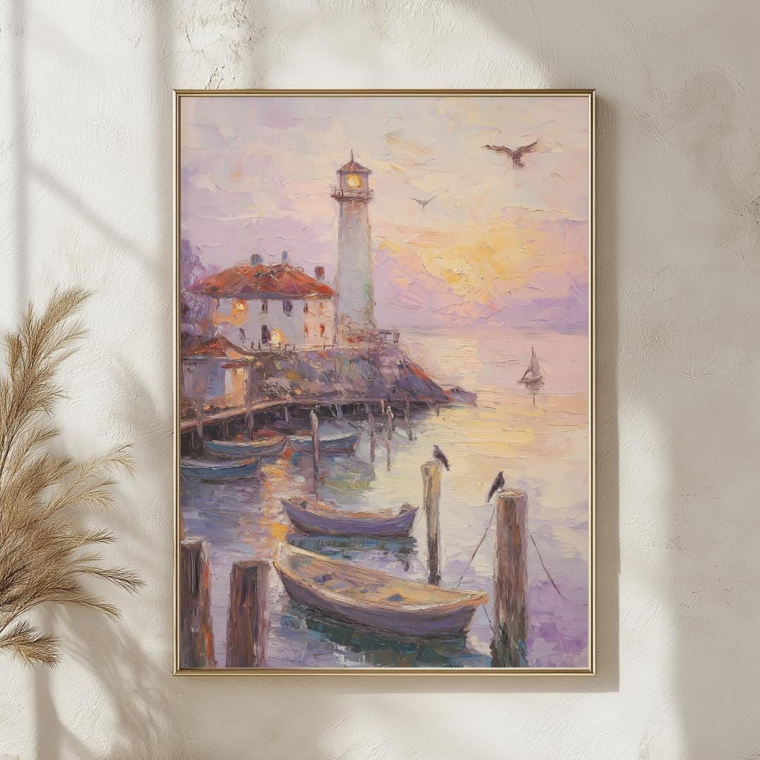 Coastal Lighthouse Sunset Poster, Romantic Seaside Village Wall Art ...