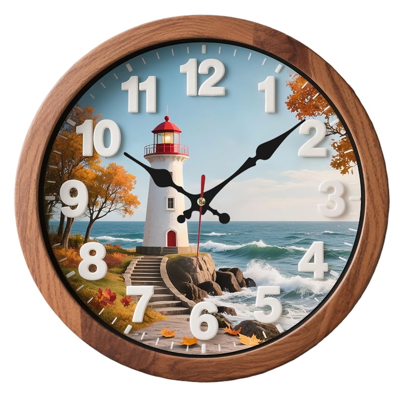 Coastal Lighthouse Wall Clock - Silent Quartz Movement, Wooden Frame ...