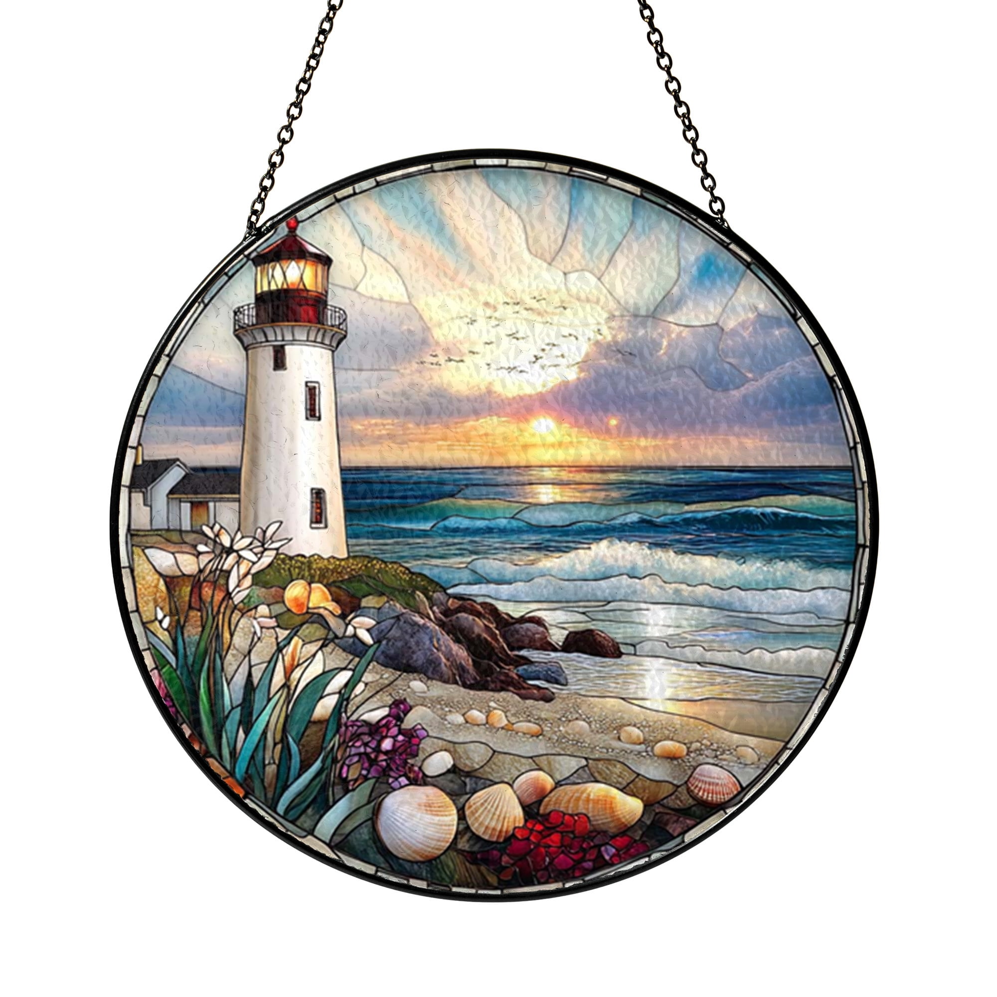 Coastal Lighthouse and Seashells Stained Glass-Style Suncatcher, Real ...