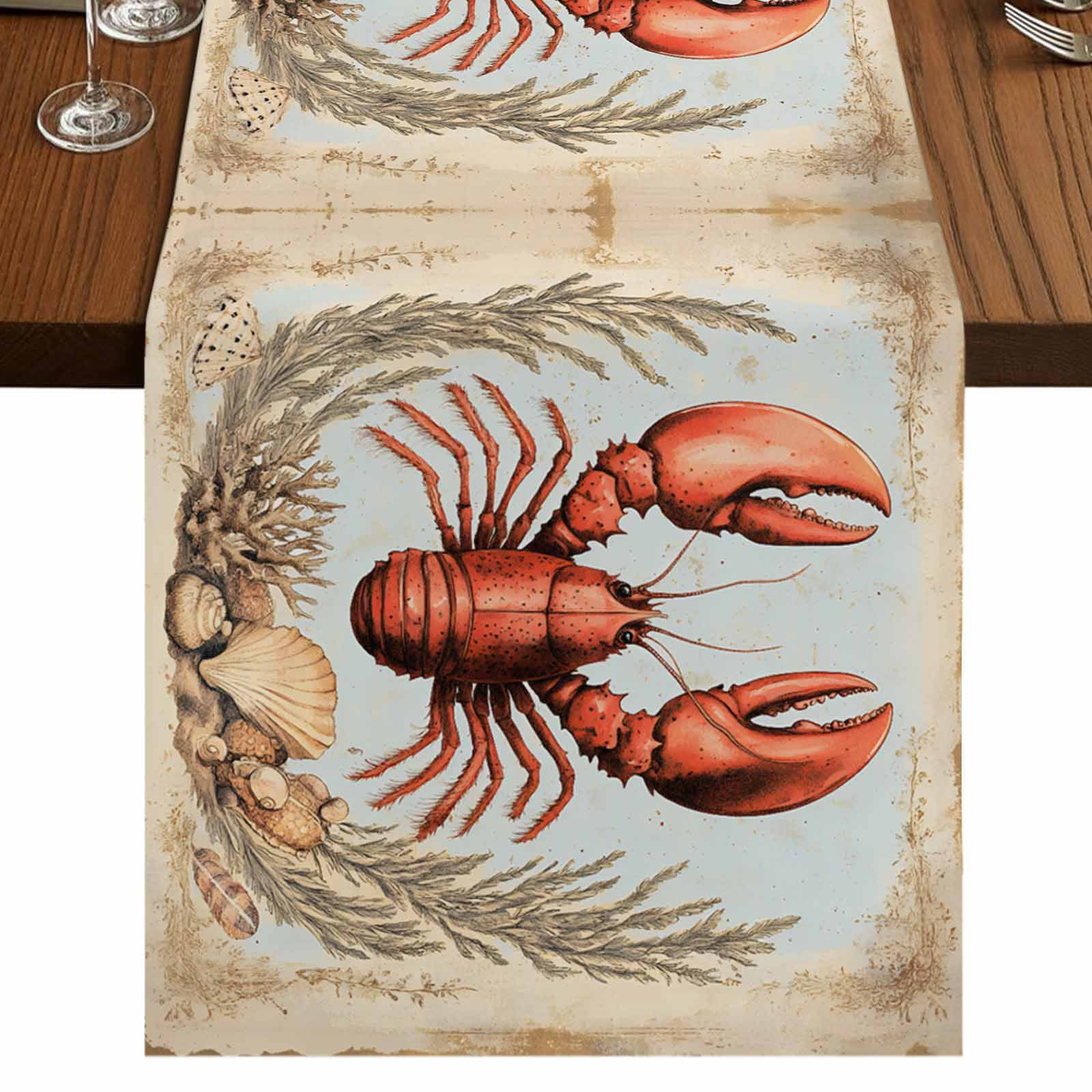 Coastal Lobster 48 Inch Table Runner, Vintage Beach Coral Shell ...
