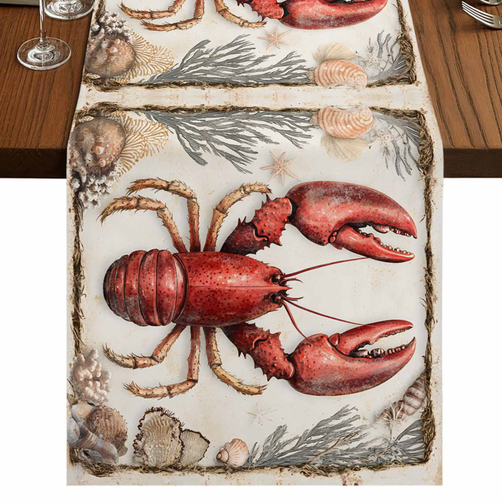 Coastal Lobster 90 Inch Table Runner, Beach Coral Shell Nautical ...