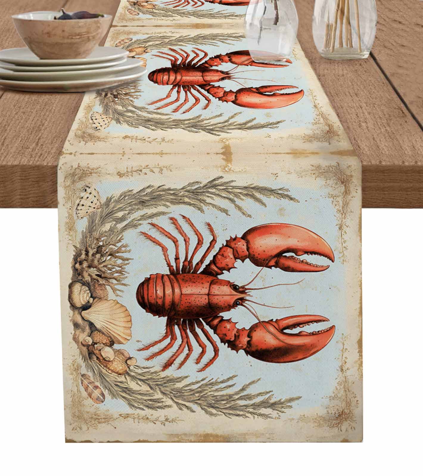 Coastal Lobster Burlap Cotton Table Runner 13x60 Inches Long, Vintage ...