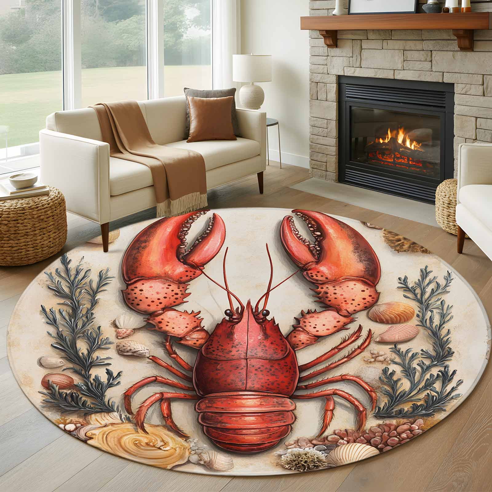 Coastal Lobster Round Rug 5ft Washable Circle Kitchen Rugs Non Slip ...