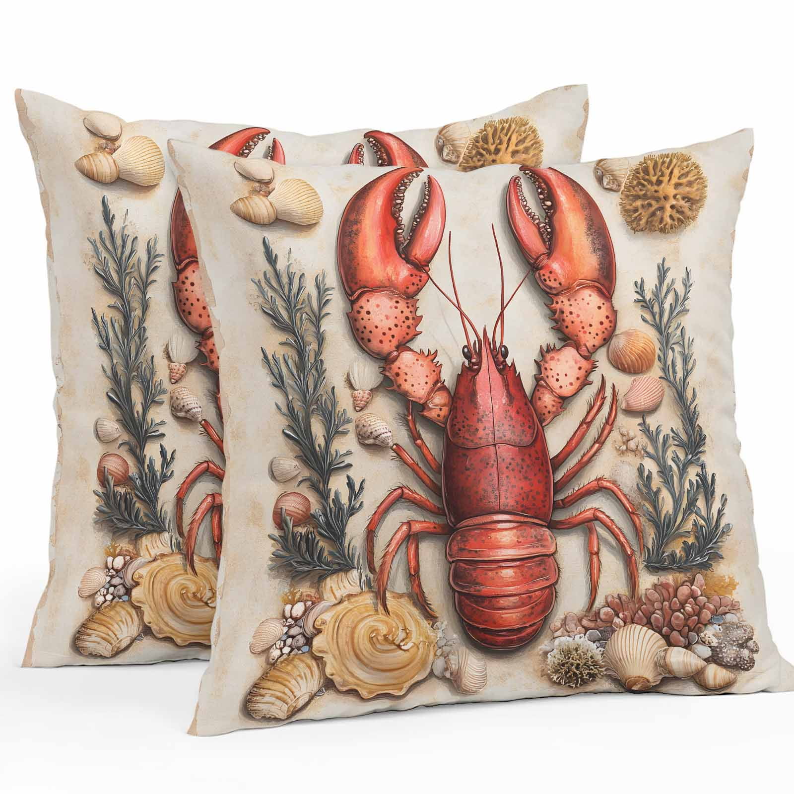 Coastal Lobster Waterproof Outdoor Throw Pillow Covers 16''x16'' Pack 2 ...