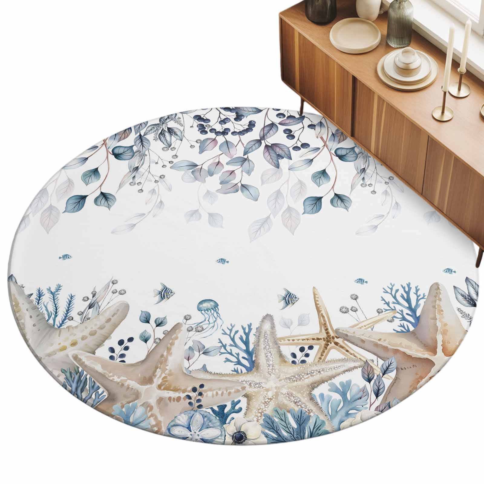 Coastal Marine Life Area Rugs 4' (Round) Beige Starfish Blue Plant ...