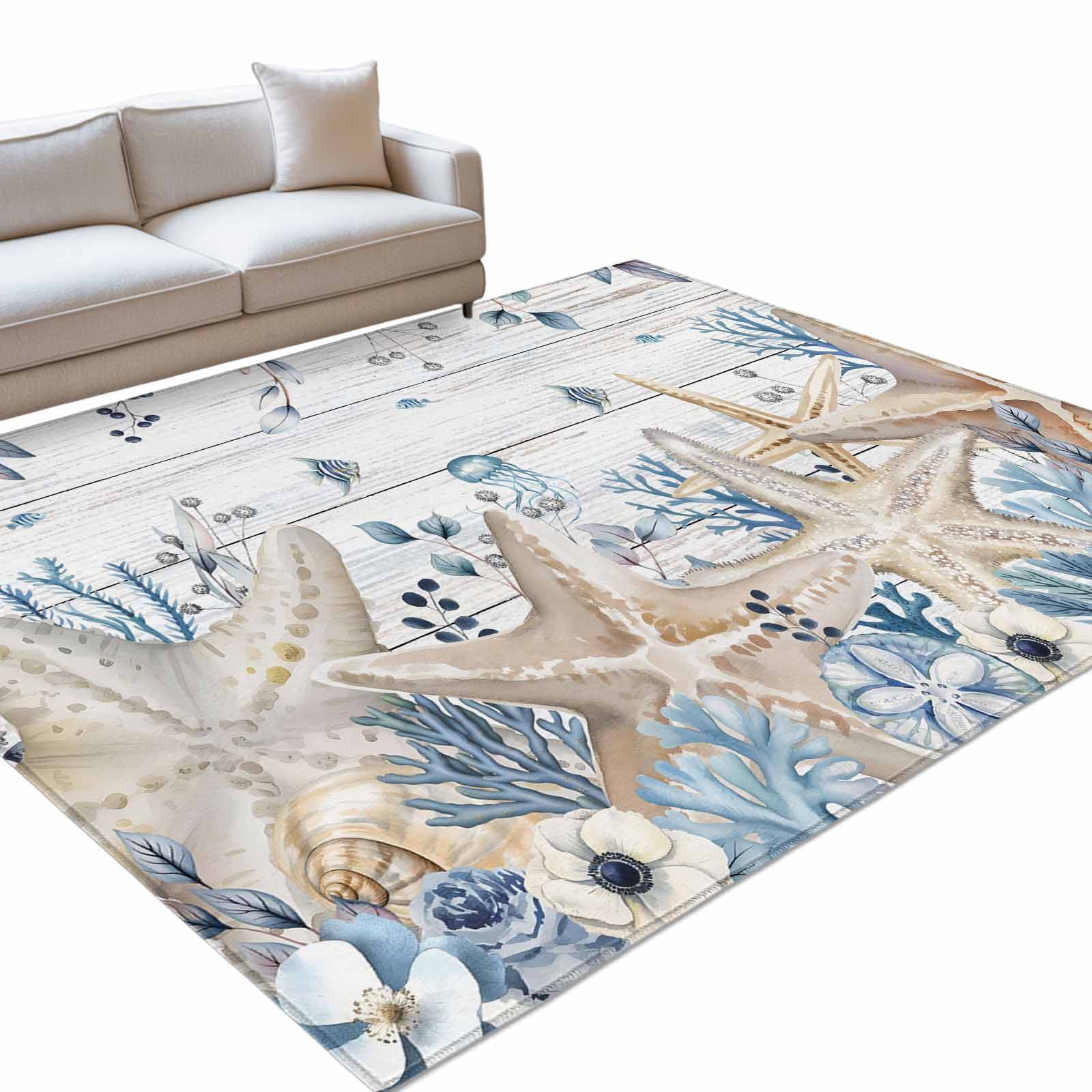 Coastal Marine Life Area Rugs 8x10ft Beige Starfish Blue Plant Leaves ...