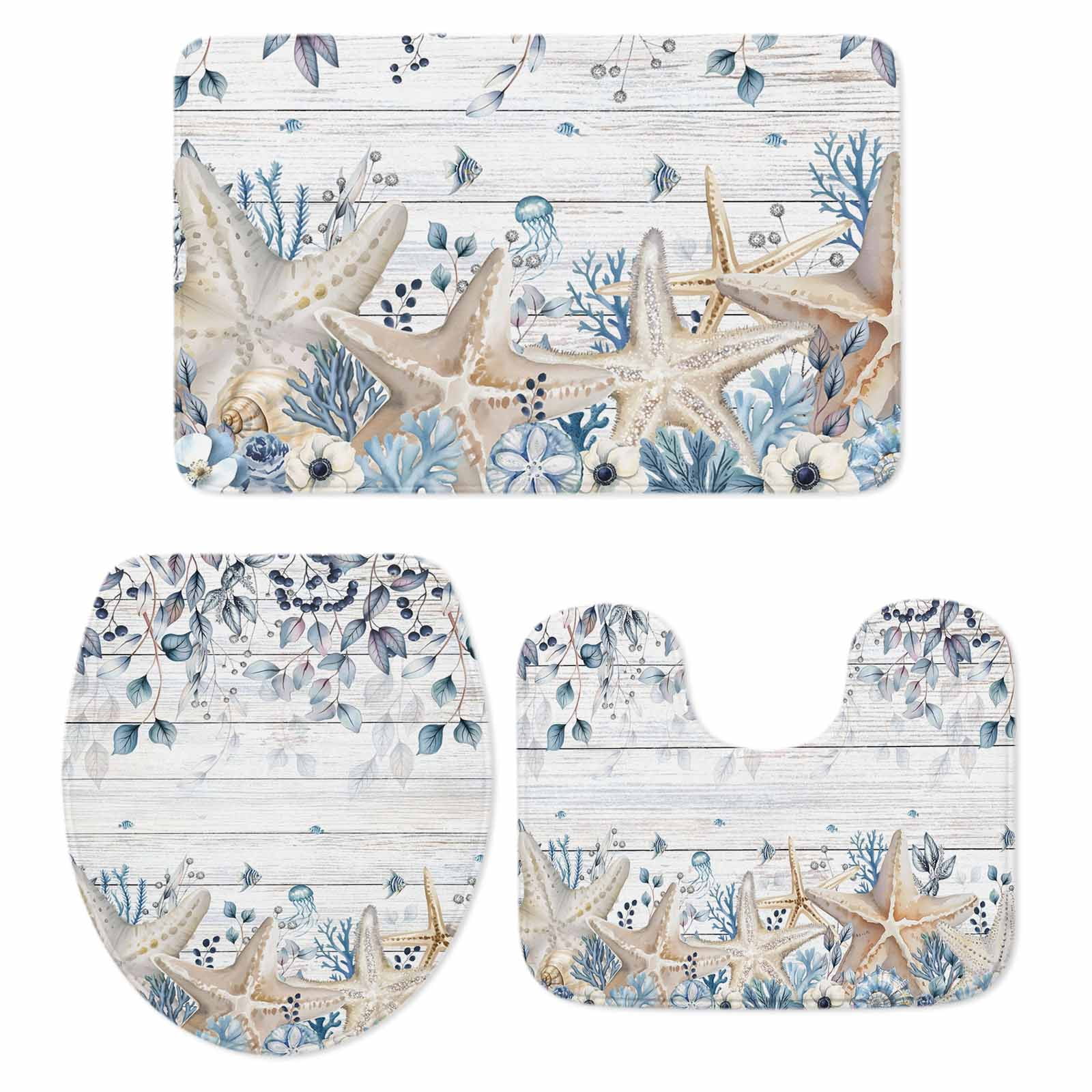 Coastal Marine Life Bathroom Rugs Set Beige Starfish Blue Plant Leaves ...