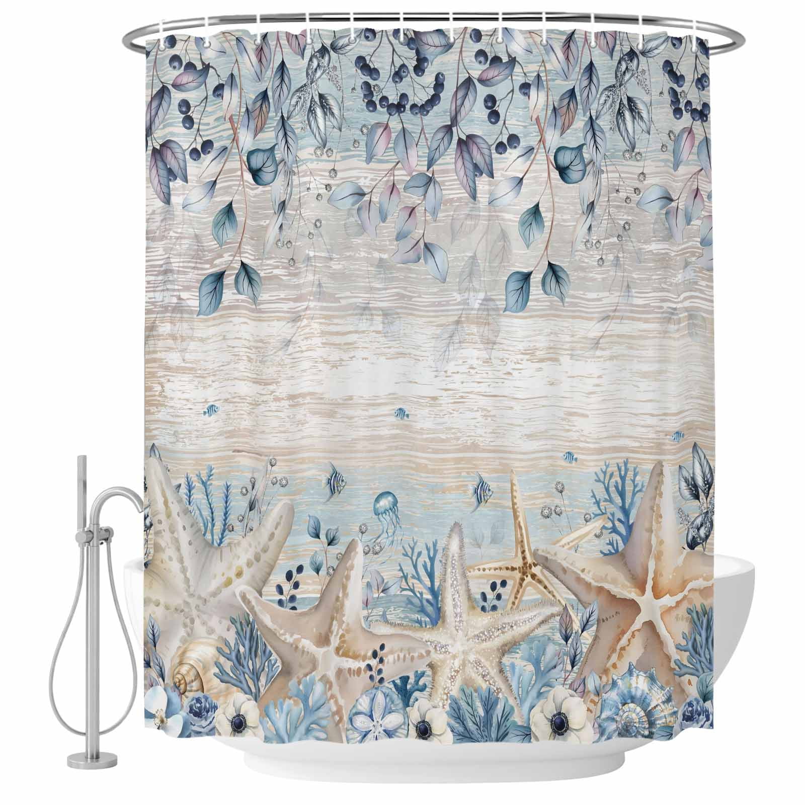 Coastal Marine Life Bathroom Shower Curtains with Hooks, Beige Starfish ...