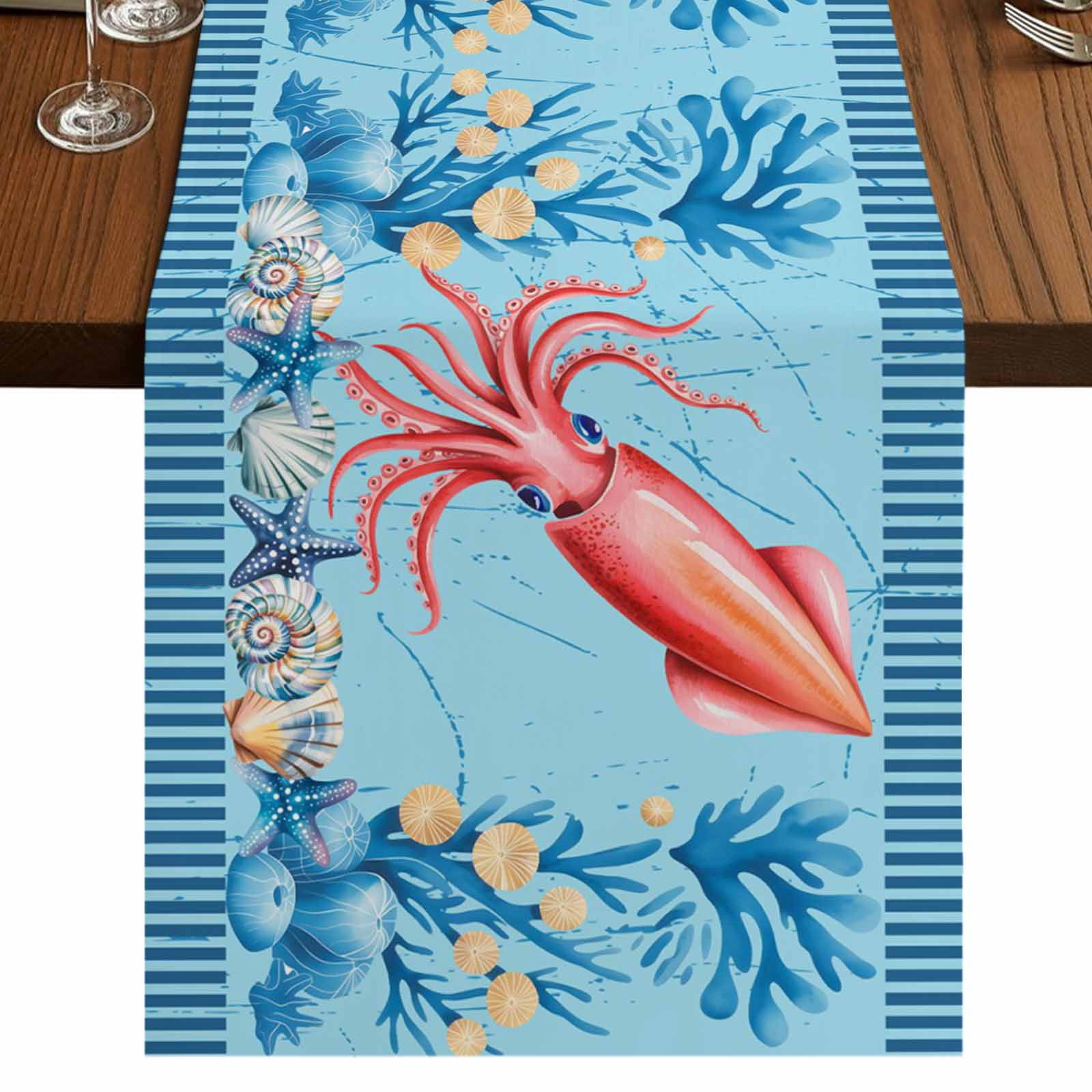 Coastal Marine Life Burlap Cotton Table Runner 18x72 Inches Long ...
