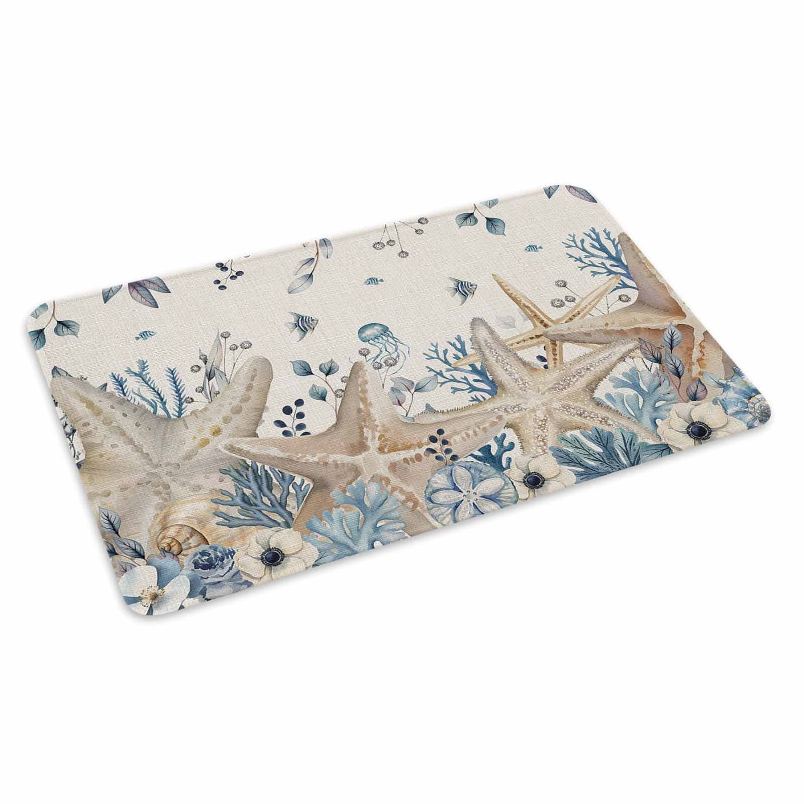 Coastal Marine Life Doormat Beige Starfish Blue Plant Leaves Linen Non ...