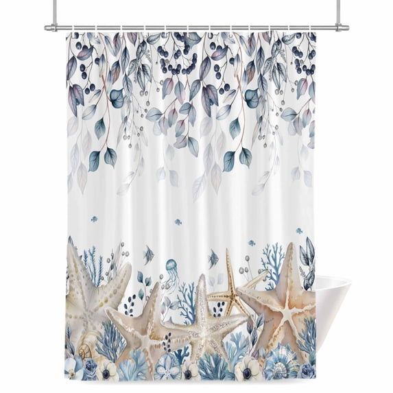 Coastal Marine Life Shower Curtains for Bathroom, Beige Starfish Blue ...