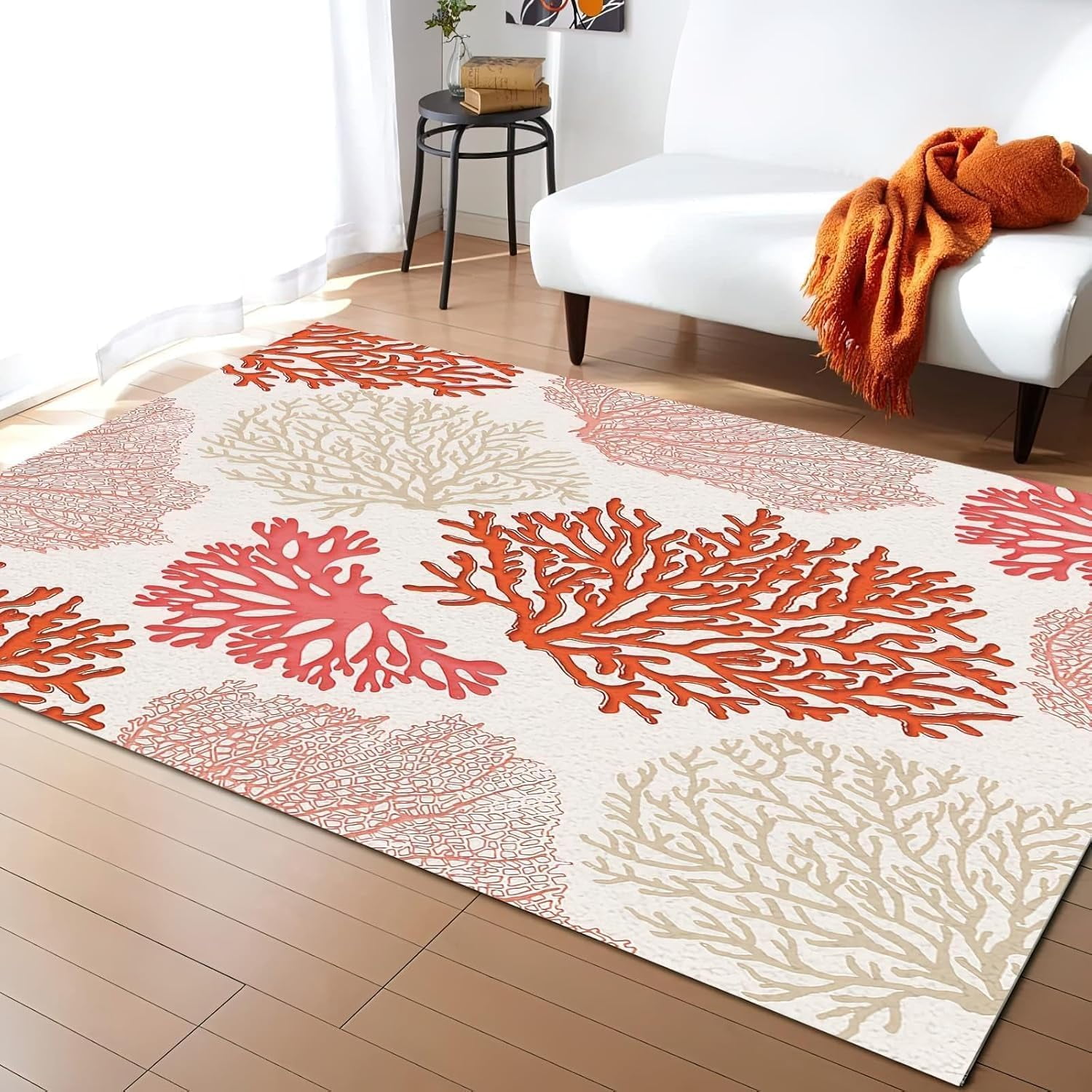 Coastal Marine Life Theme Area Rug 4'x6' Modern Red Coral Reef Ocean ...