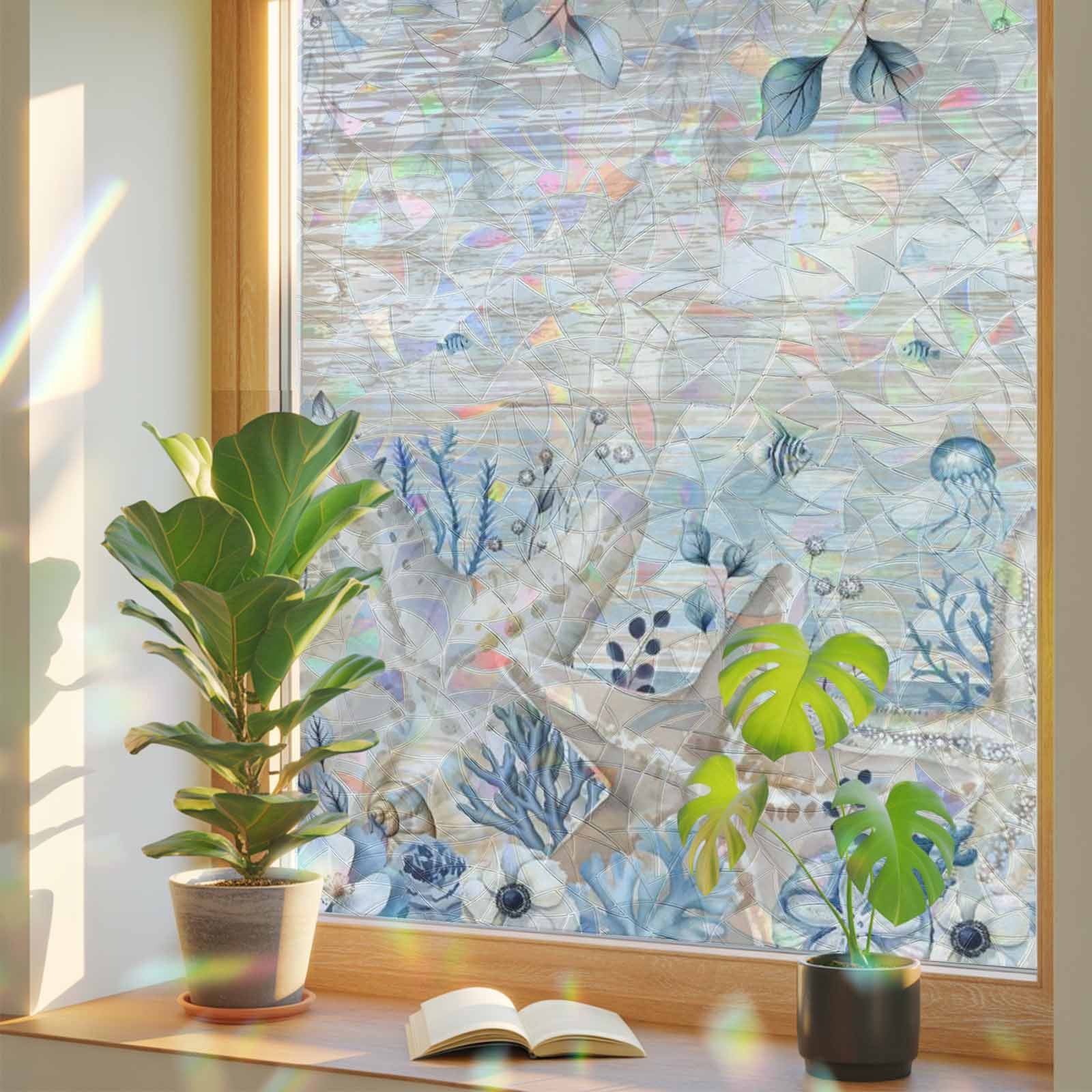 Coastal Marine Life Window Privacy Film, Beige Starfish Blue Leaves ...