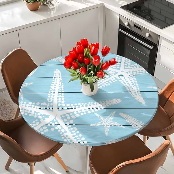 Coastal Marine Starfish Blue Wood Round Fitted Tablecloth with Elastic ...