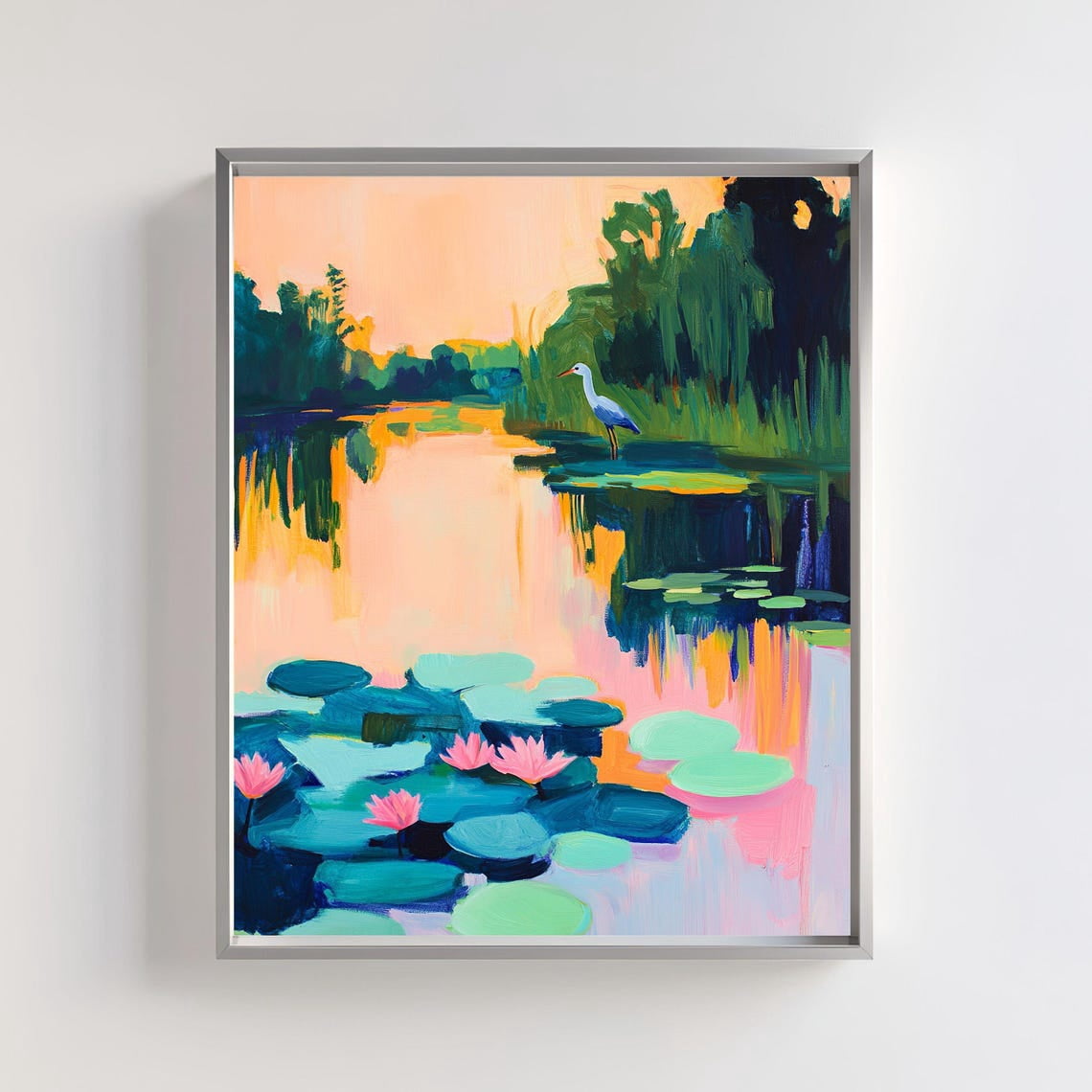 Coastal Marsh Sunset Art, White Heron Wetland Print, Abstract Shore ...