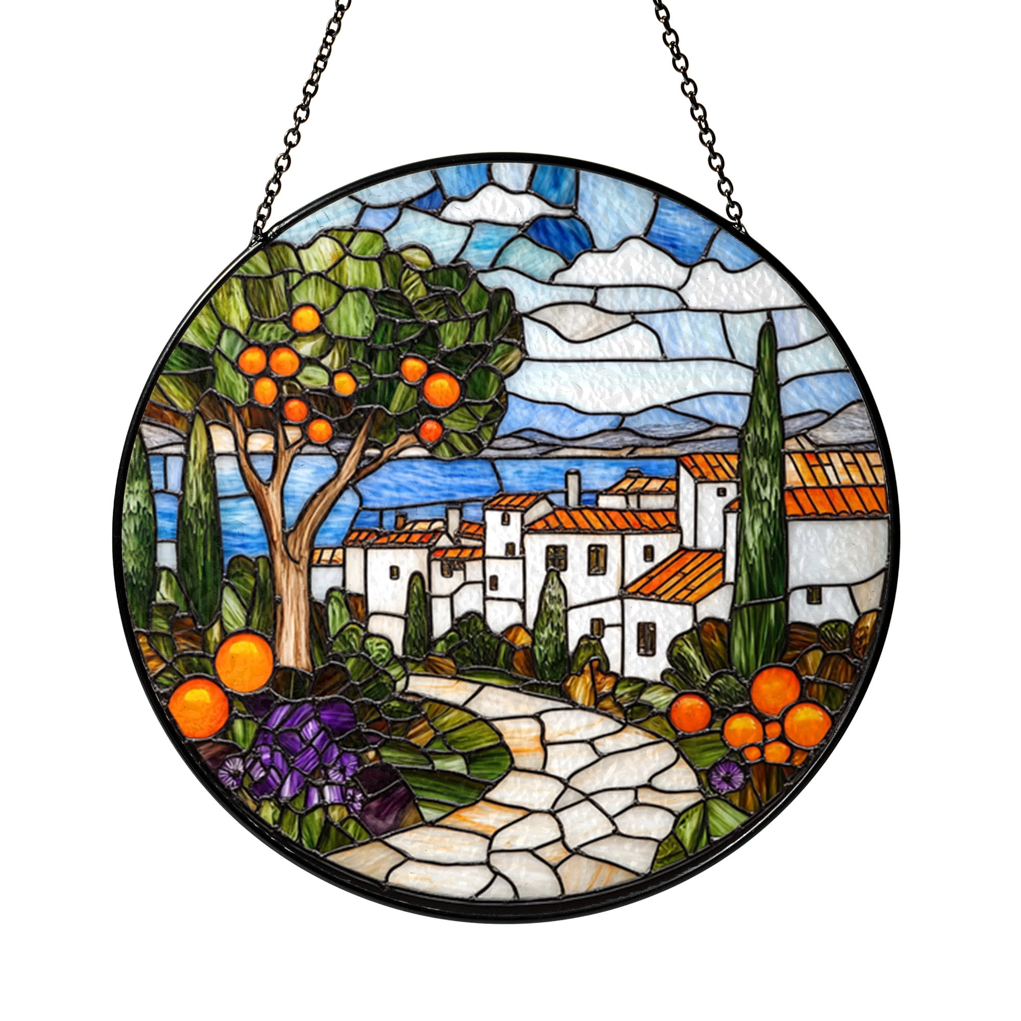 Coastal Mediterranean Town Glass Suncatcher Window Decor Citrus Tree ...