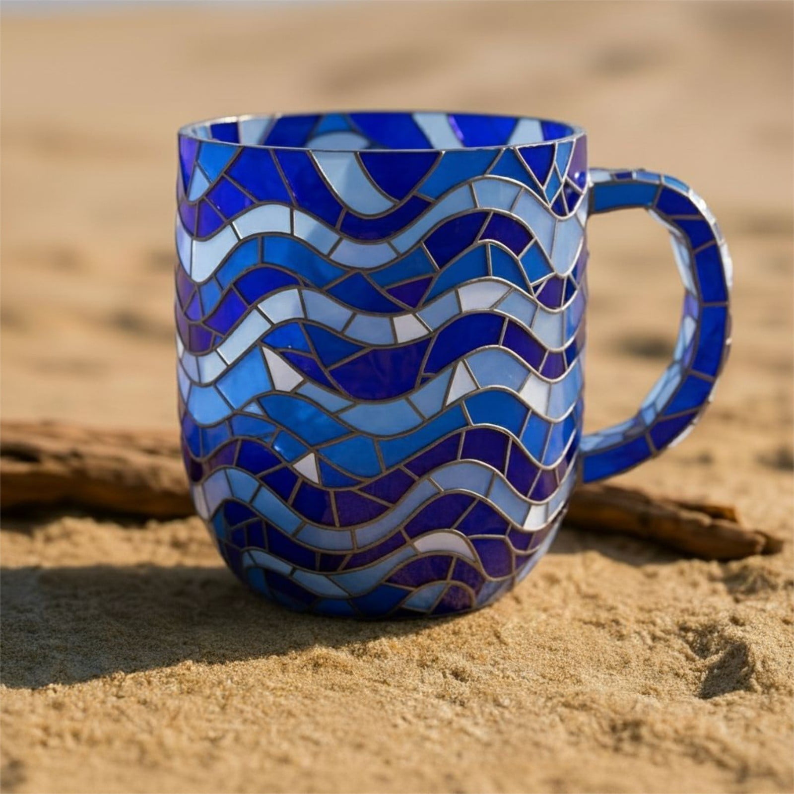 Coastal Mosaics Handblown Wave Glass Mug - 12oz Blue Beach Drinksware ...