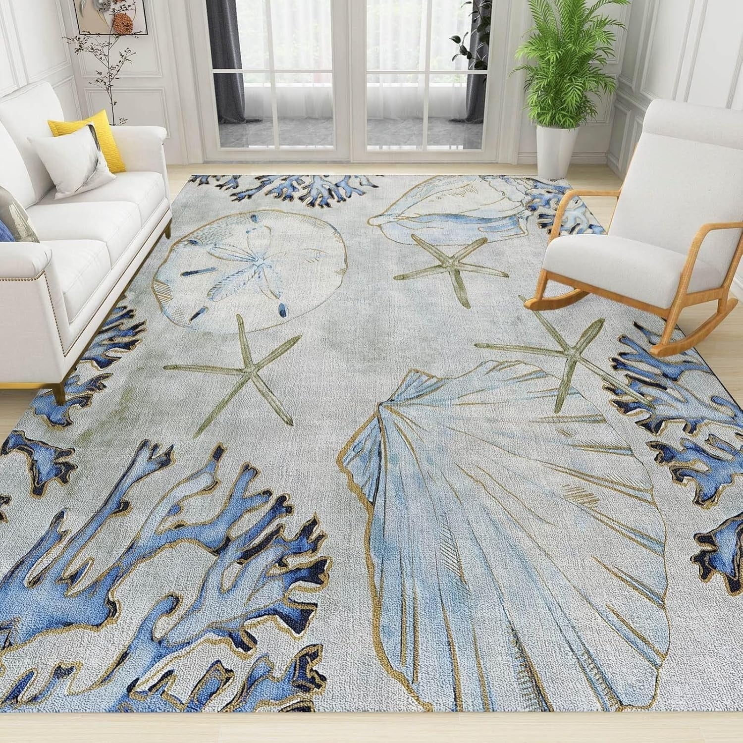 Coastal Nautical Area Rug, Ocean Themed Rugs Shell Coral Starfish ...