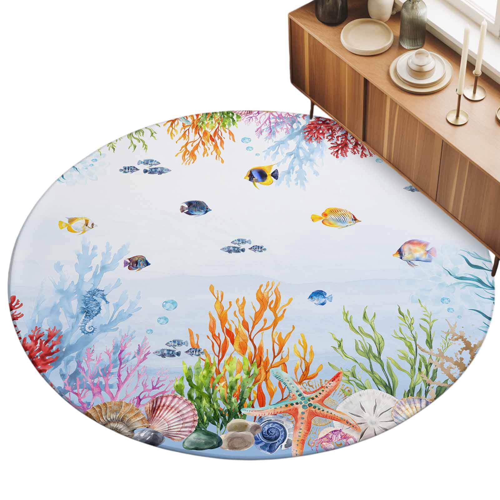 Coastal Nautical Area Rugs 3' (Round) Fish Coral Conch Floor Rug Non ...