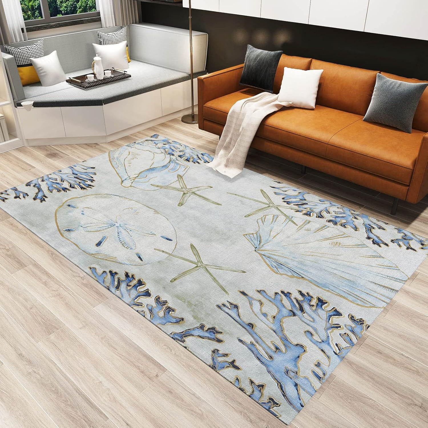 Coastal Nautical Area Rugs, Shell Coral Starfish Ocean Themed Outdoor ...