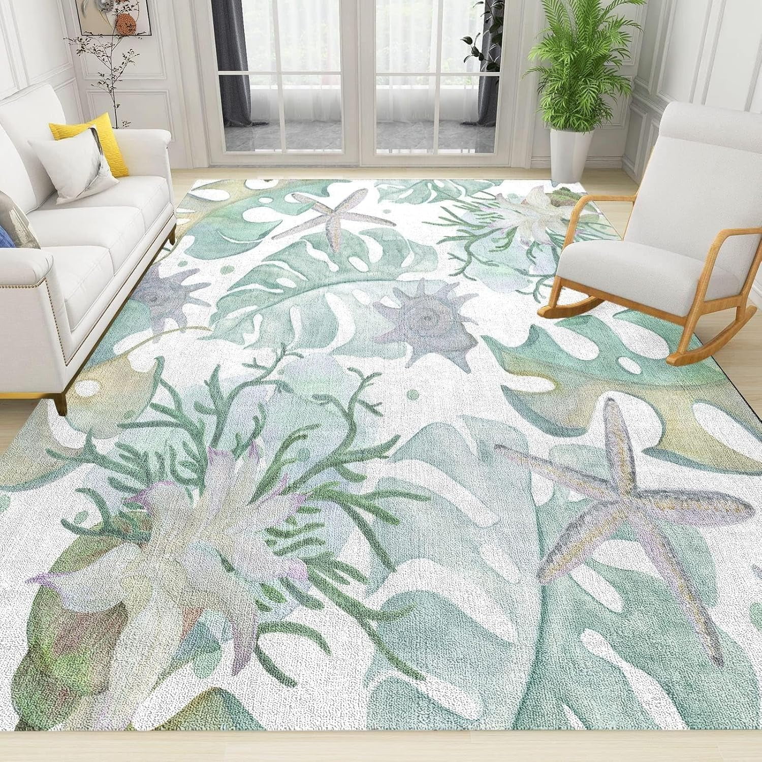 Coastal Nautical Area Rugs, Teal Ocean Themed Starfish Seaweed Print ...