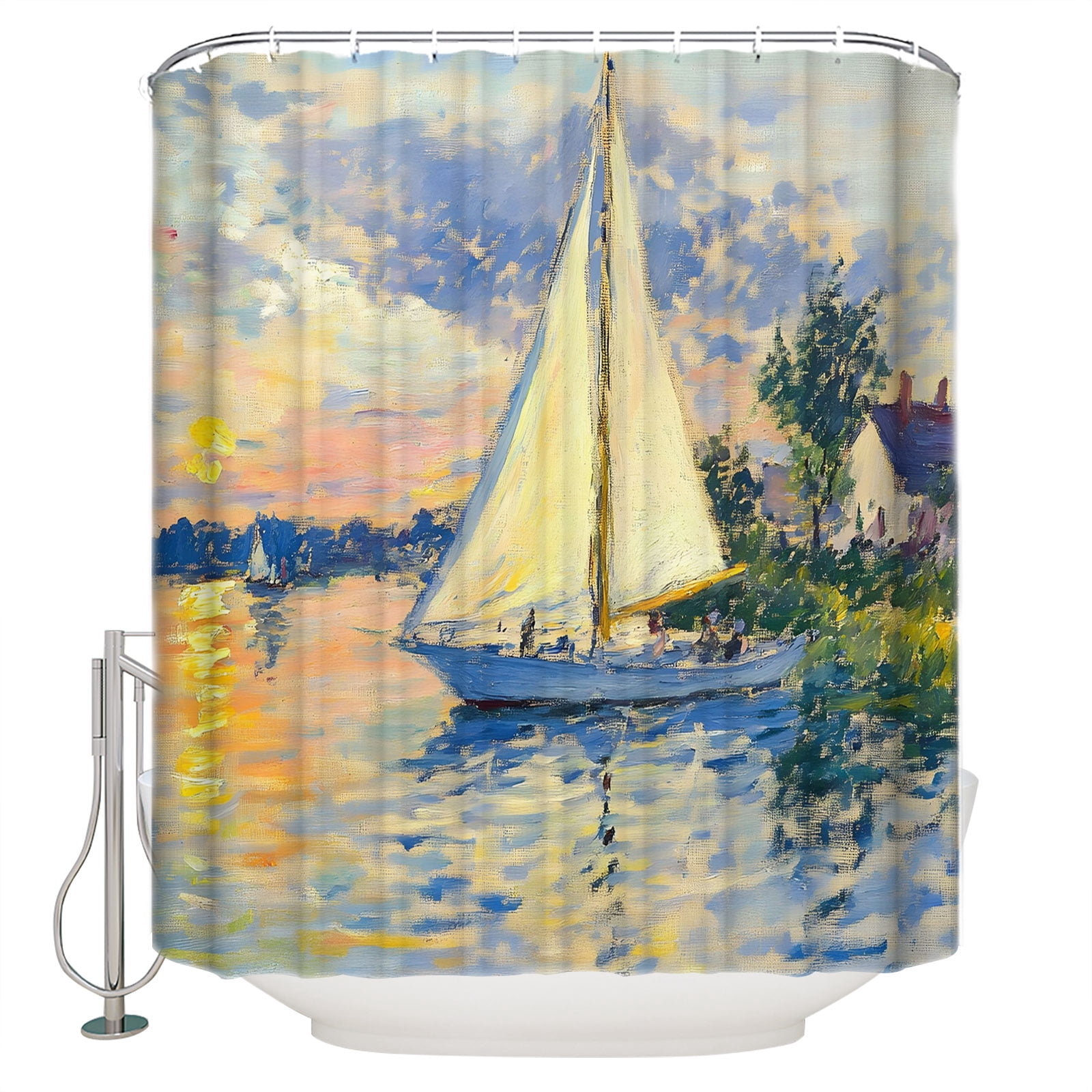 Coastal Nautical Bathroom Shower Curtains with 12 Hooks Polyester ...