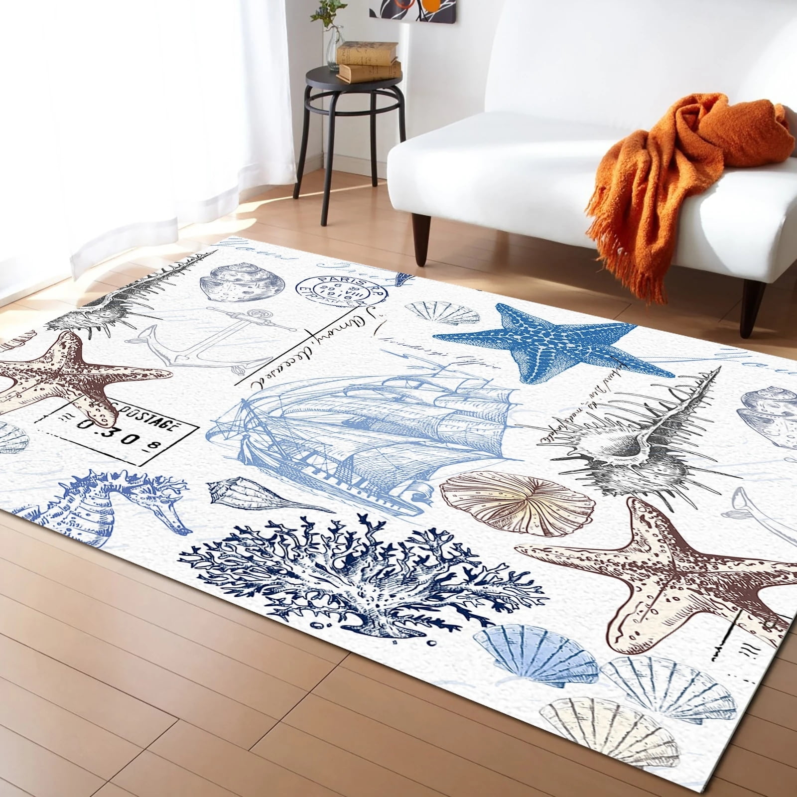Coastal Nautical Beach Ocean Themed Area Rug, Starfish Coral Seashell ...
