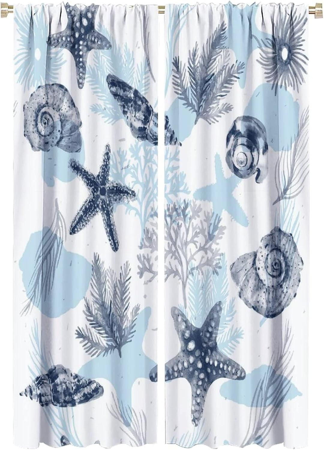 Coastal Nautical Blackout Windows Curtains, Blue and White Beach Sea ...