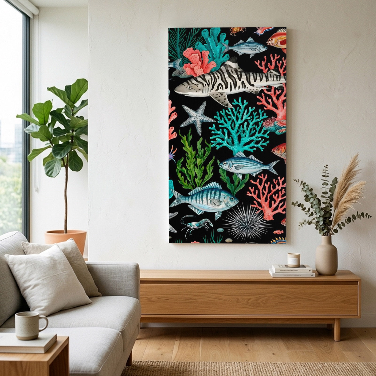Coastal Nautical Canvas Wall Art for Living Room, Coral Starfish Fish ...