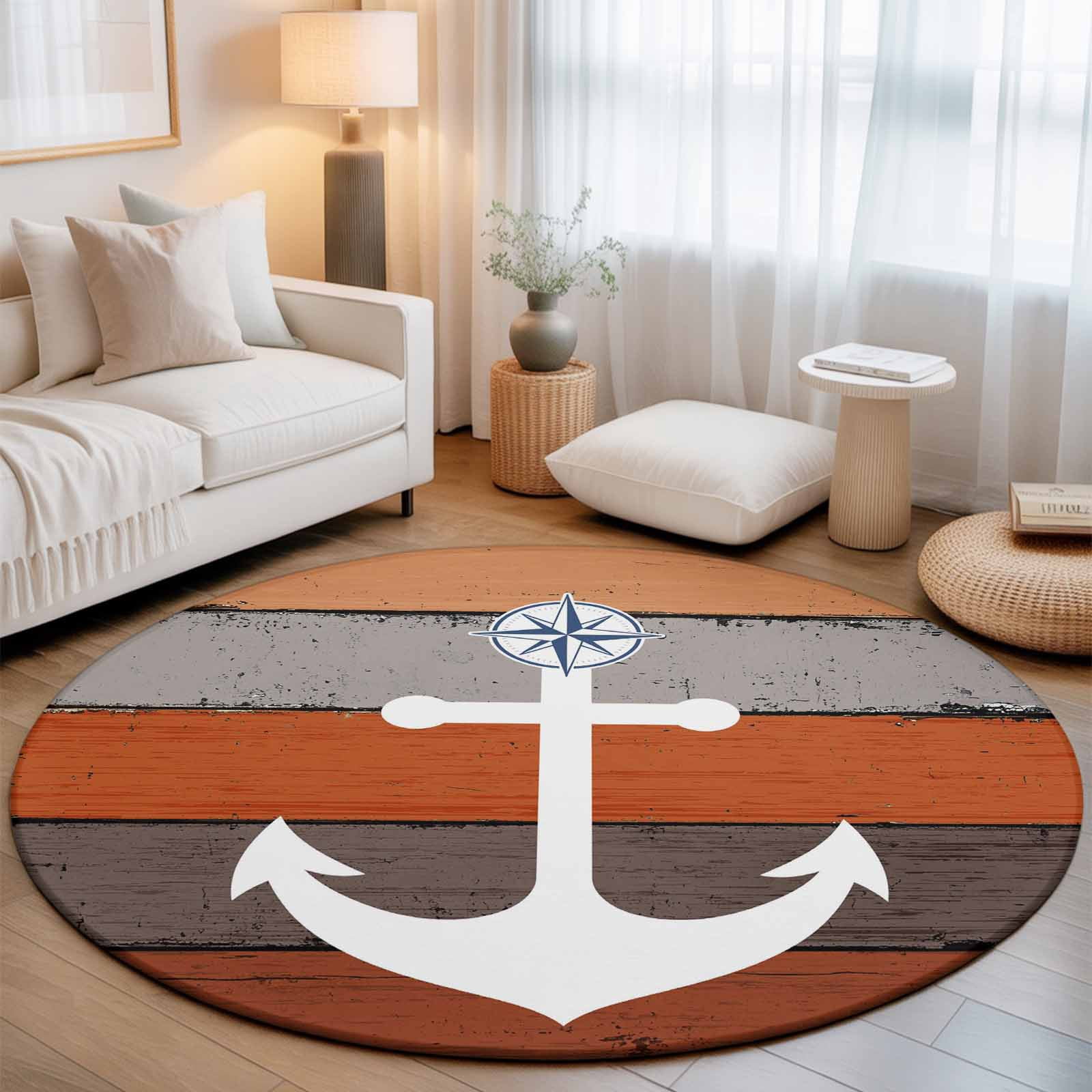 Coastal Nautical Compass Orange Gradient Round Rug 5ft Vintage Farm ...