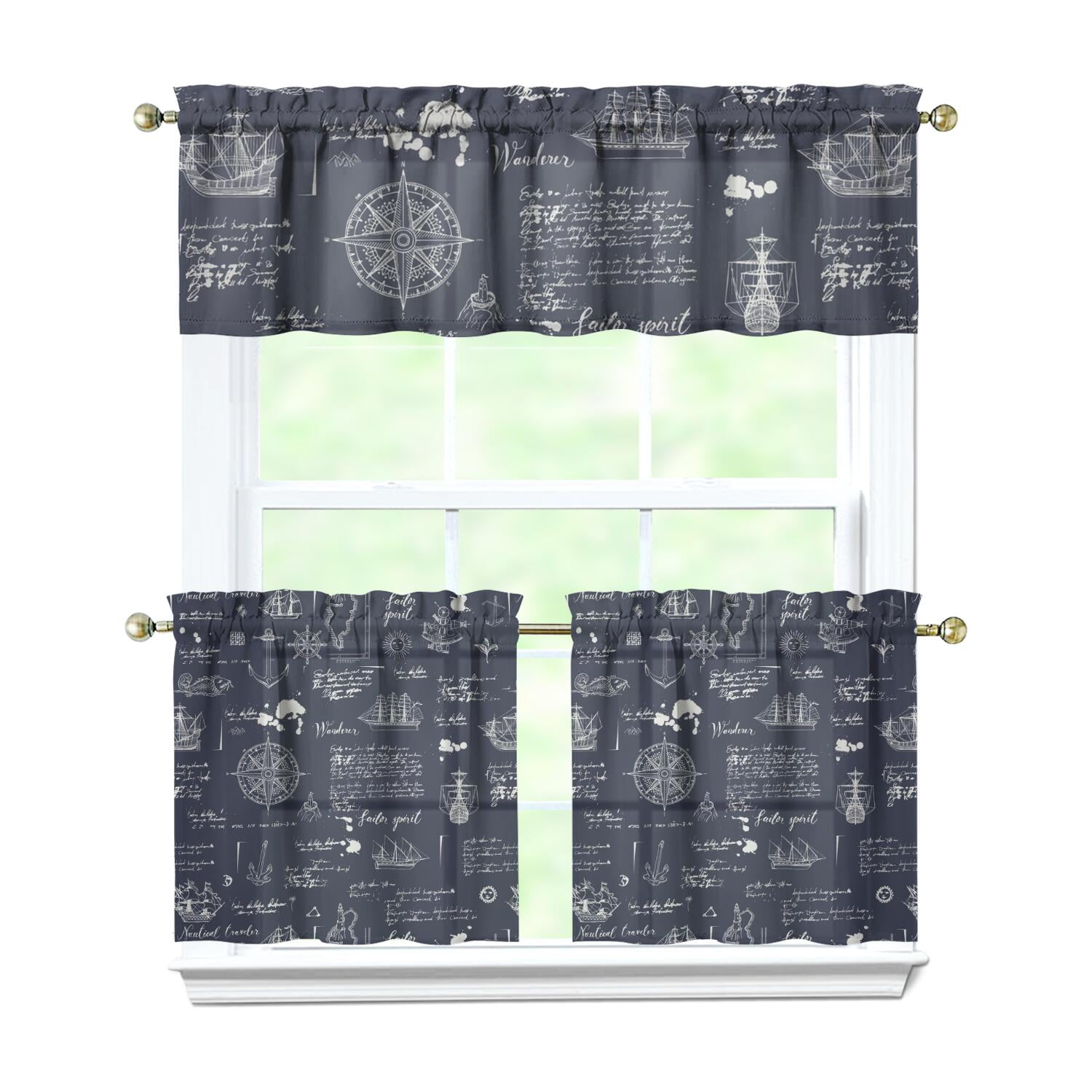 Coastal Nautical Curtains 3-Piece Set - Marine Wave Seashell Design ...