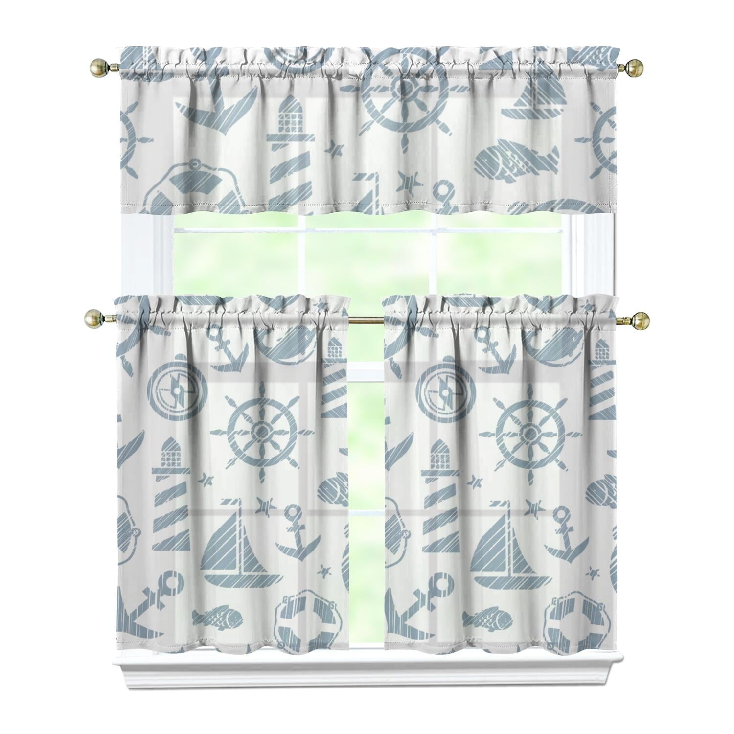 Coastal Nautical Kitchen Curtains Set of 3 - Sailor Maritime Design ...