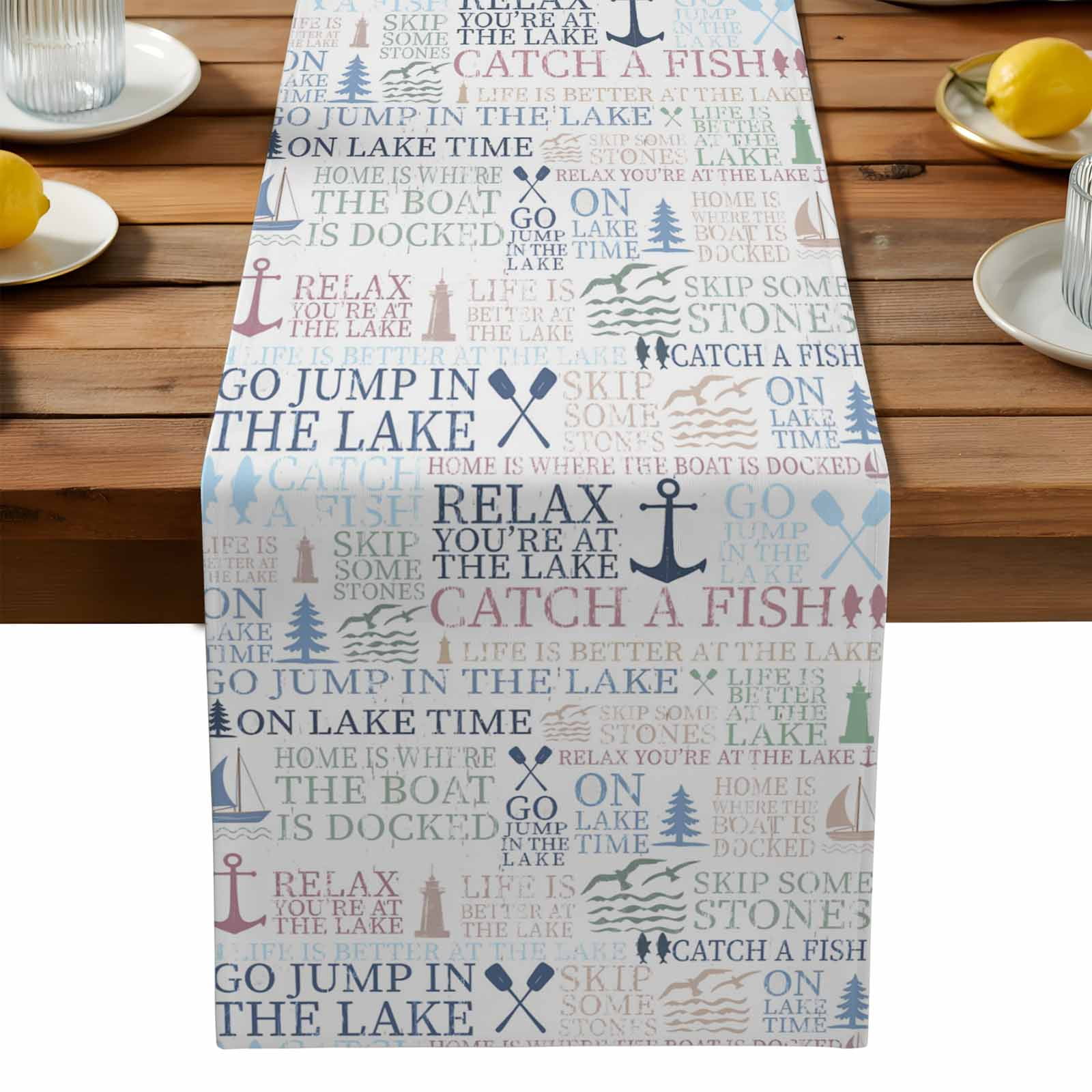 Coastal Nautical Lake Life Table Runner, White Cotton Linen Tablecloth ...