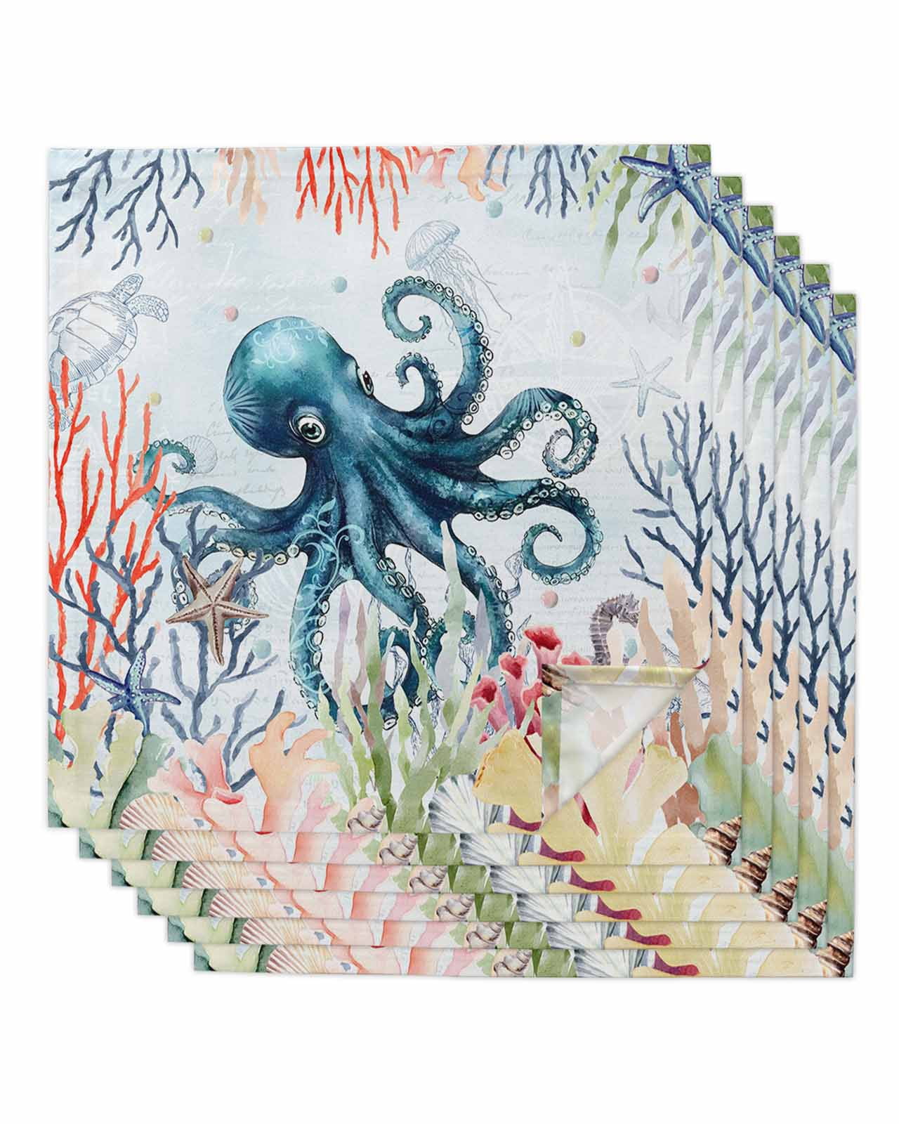 Coastal Nautical Octopus Cloth Napkins Set of 6 Reusable Dinner Napkins ...