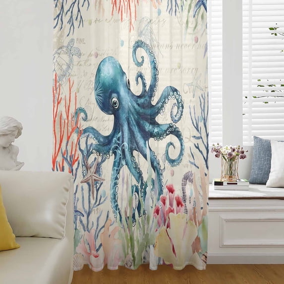 Coastal Nautical Octopus Semi Sheer Curtains Drapes for Living Room ...