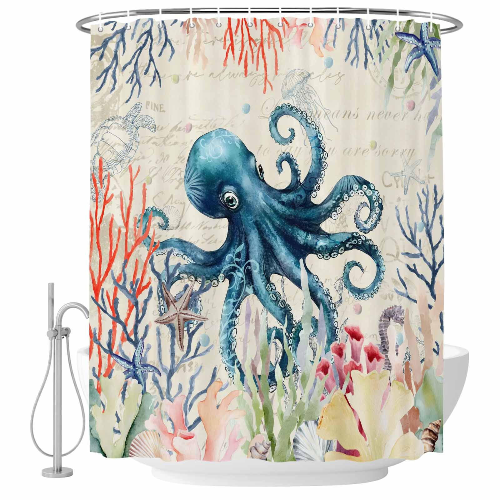 Coastal Nautical Octopus Shower Curtain Set - Standard 72" x 72 ...