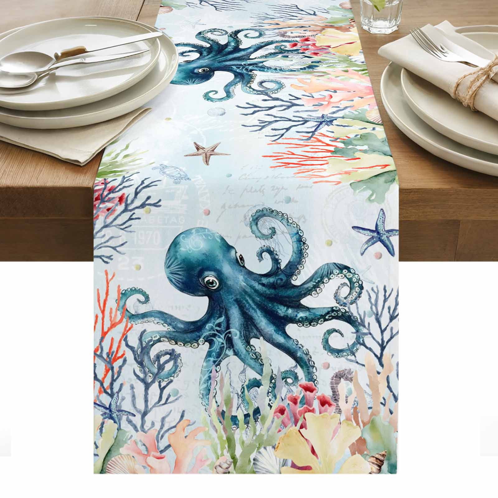 Coastal Nautical Octopus Table Runner - 108 Inch Long, Kitchen Dining ...