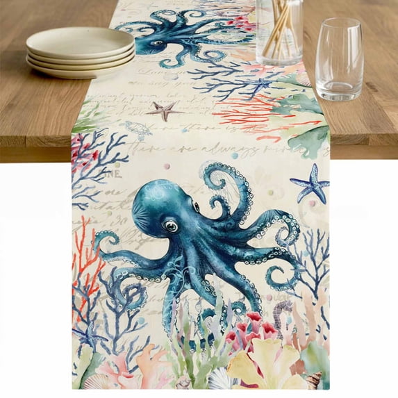 Coastal Nautical Octopus Table Runner 48 Inches Long Farmhouse Dress ...