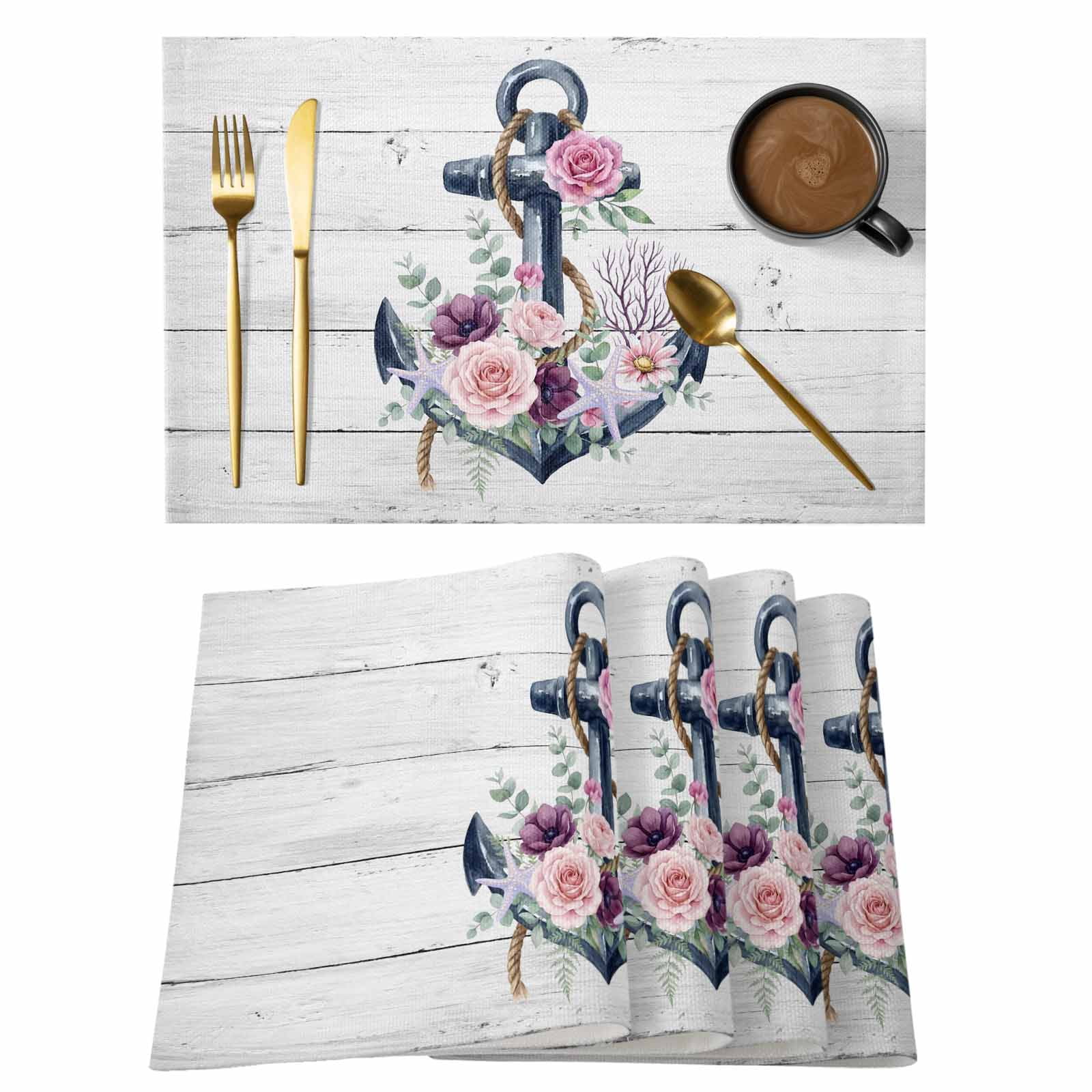 Coastal Nautical Placemats Set of 8 Summer Ocean Anchor Flower Wooden ...