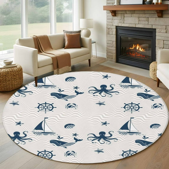 Coastal Nautical Round Rug 5ft Washable Circle Kitchen Rugs Non Slip ...