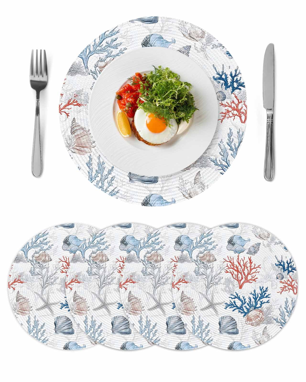 Coastal Nautical Round Table Placemats set of 4, Ocean Coral Shell ...