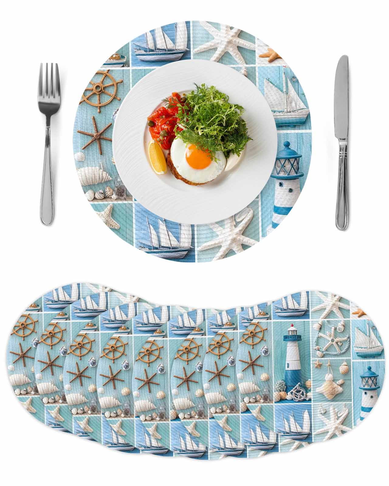 Coastal Nautical Round Table Placemats set of 8, Beach Anchor ...